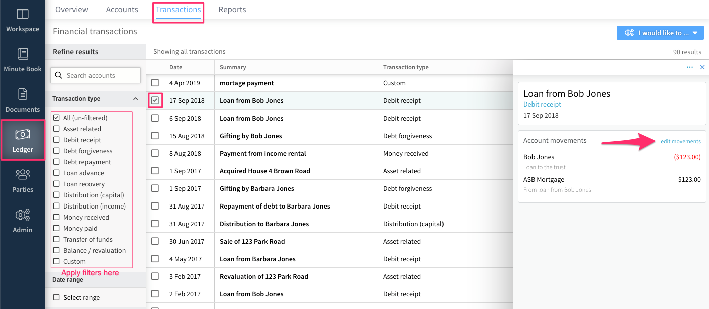 Editing transactions